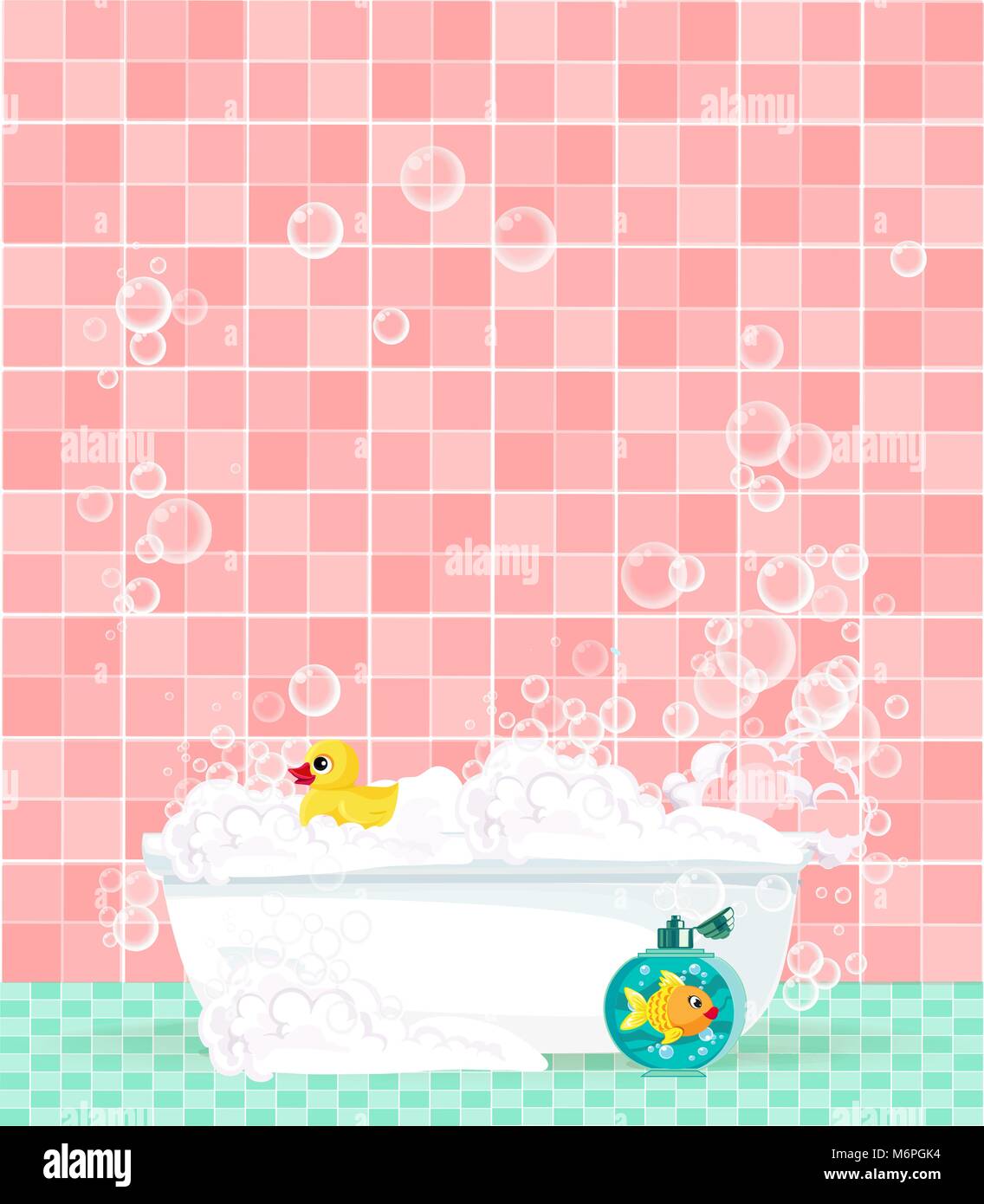 Cute cartoon bathroom interior with bathtub full of foam, soap bubbles ...