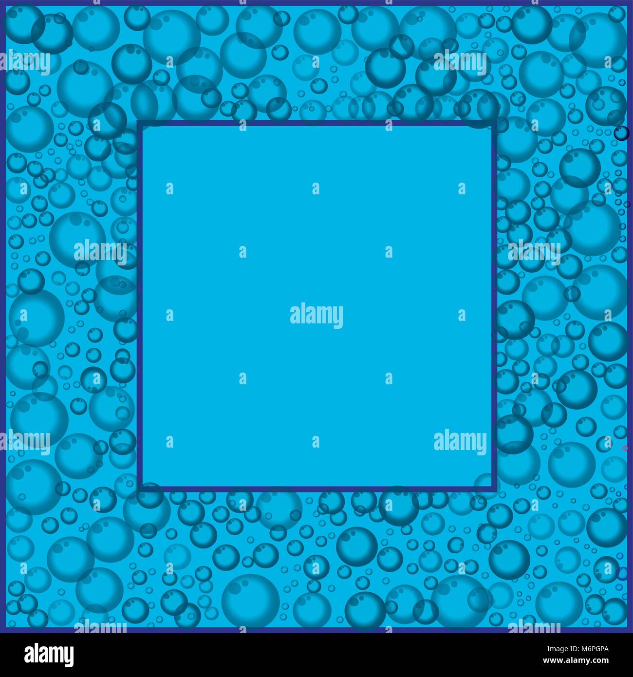 Frame with floating soap or soda bubbles pattern on blue background. Water fizzing bubbles ...