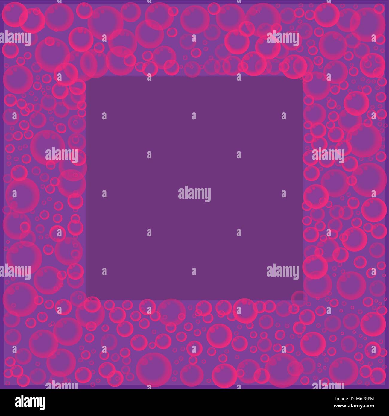 Frame with pink floating soap or soda bubbles pattern on violet ...