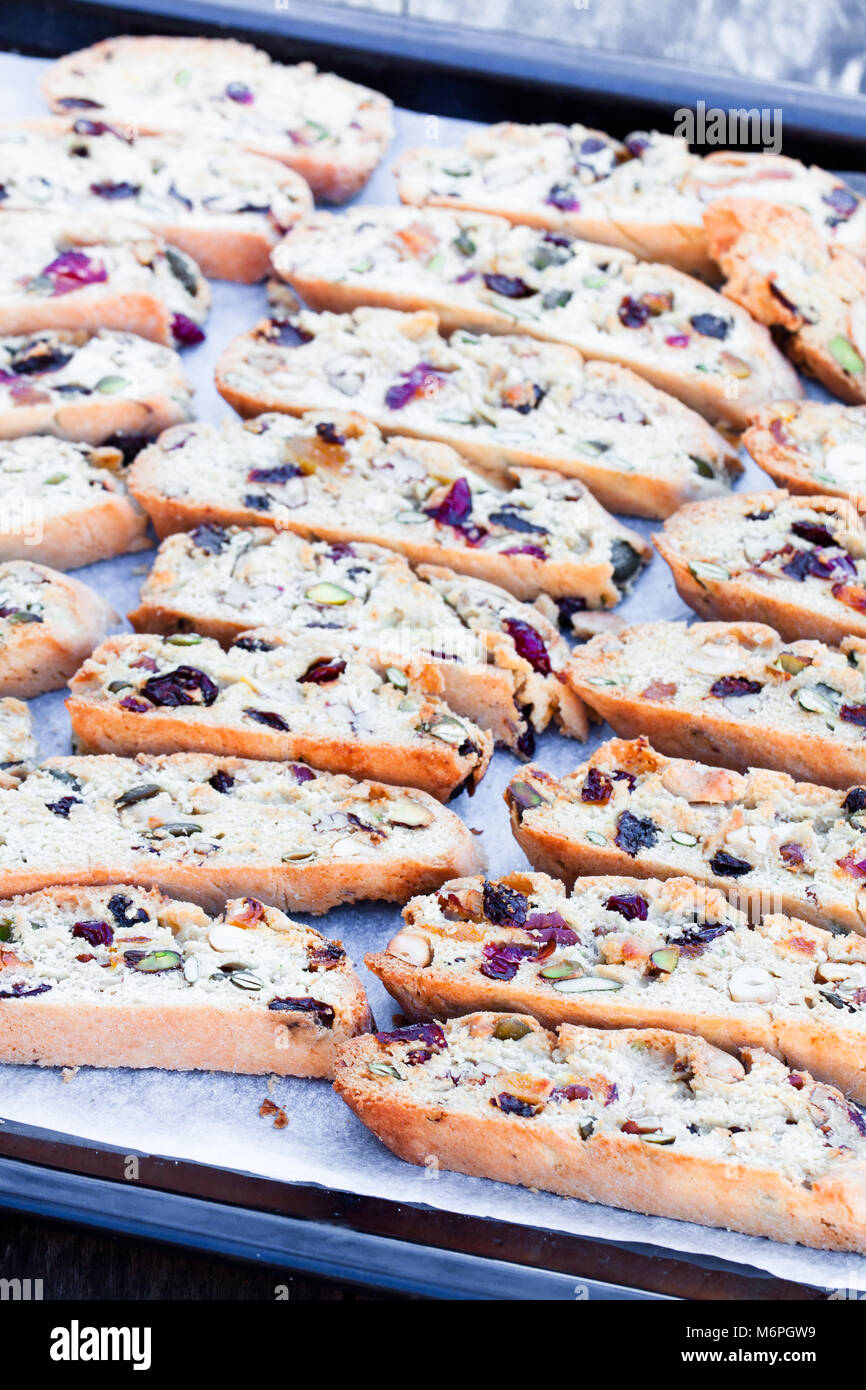 Biscotti with nuts and dried berries on dripping pan Stock Photo - Alamy