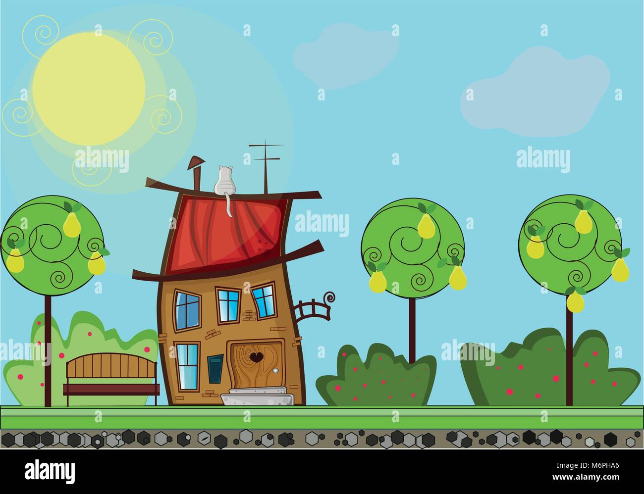 Horizontal illustration of cute cartoon fabulous house, sun, cat on the ...