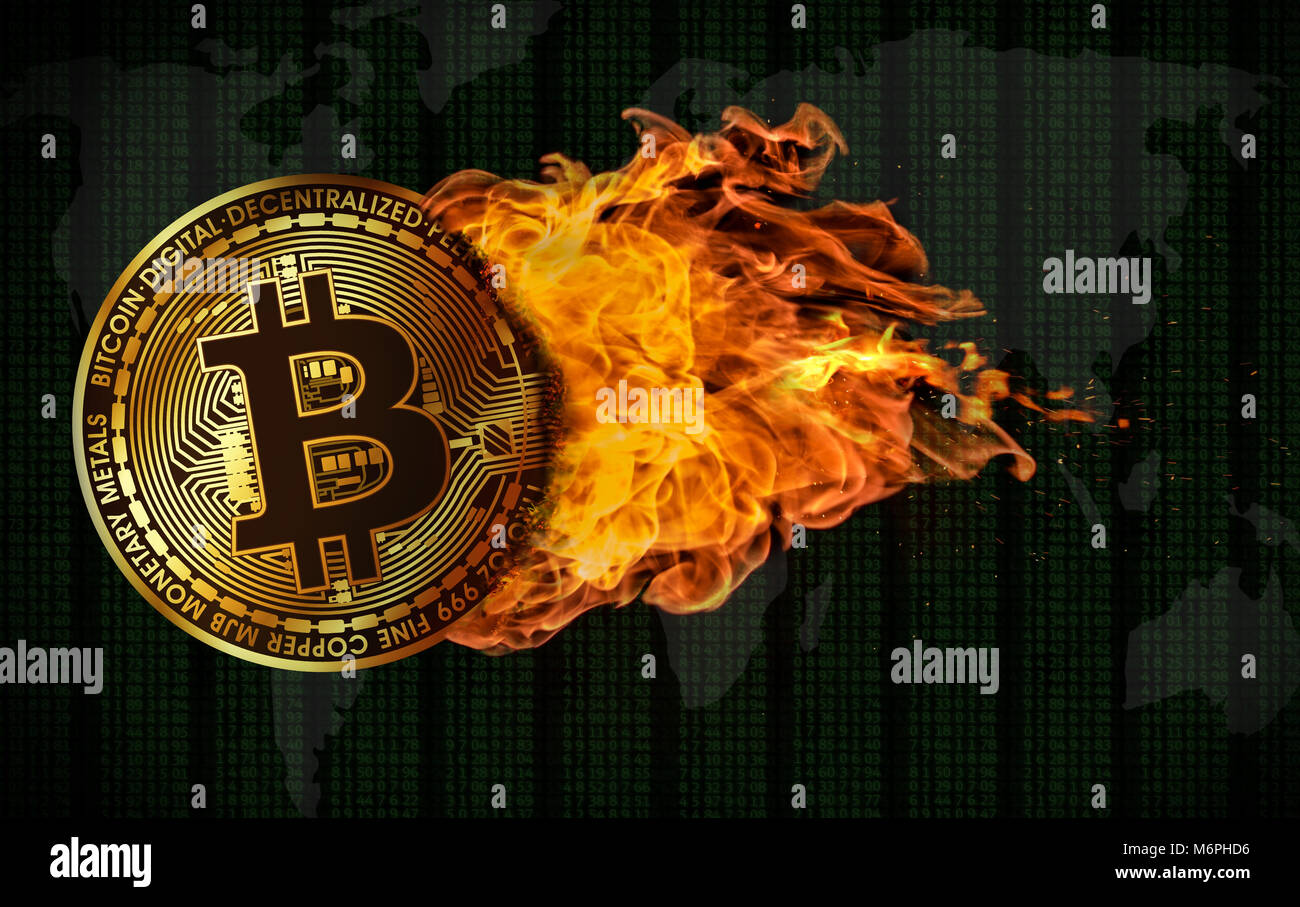 A bitcoin flying and engulfed in trailing flames with sparks flying on ...