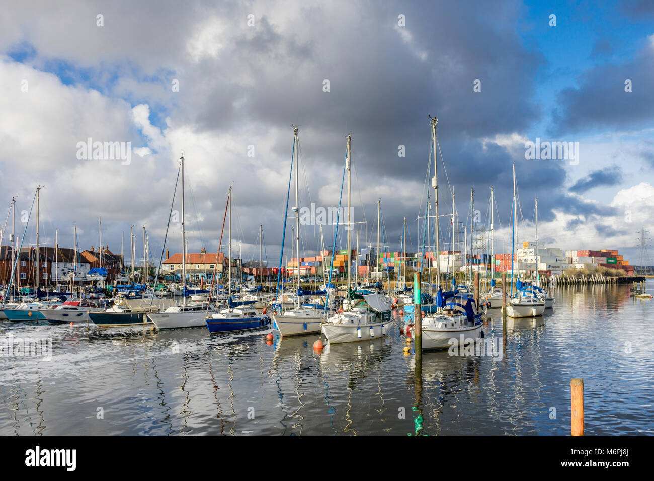 View over Eling Harbour quay with sailing boats moored in Totton in ...
