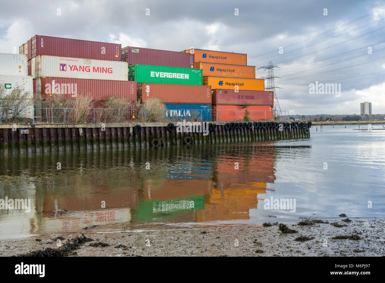 Stacked shipping containers in Eling along the River Test near ...