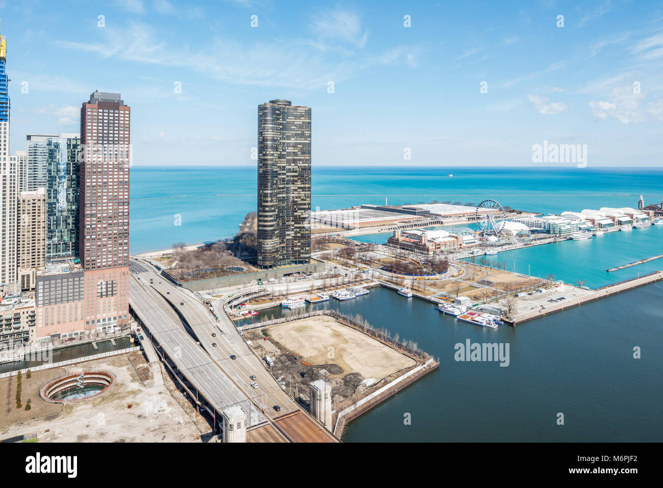 Aerial view of DuSable harbor where the Chicago River meets Lake ...