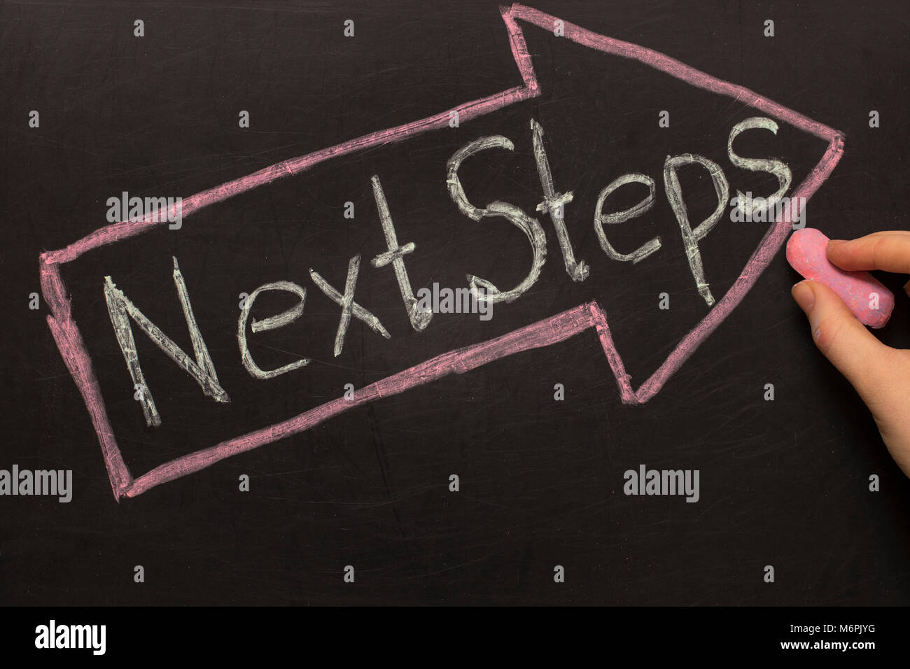 Next Steps - Chalkboard with arrow on black background Stock Photo - Alamy