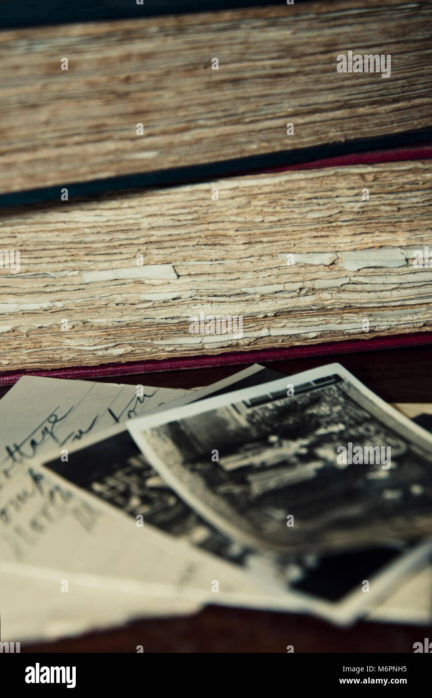 pile of antique books with handwritten vintage letters and photos Stock ...