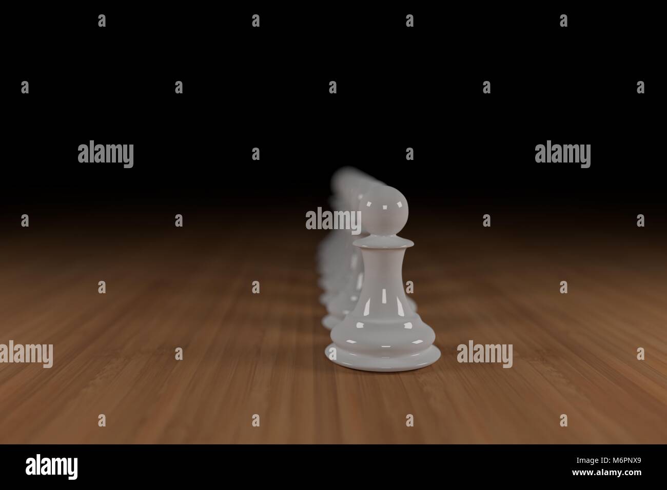 White chess pawns lined up on wood, with black in the background Stock ...