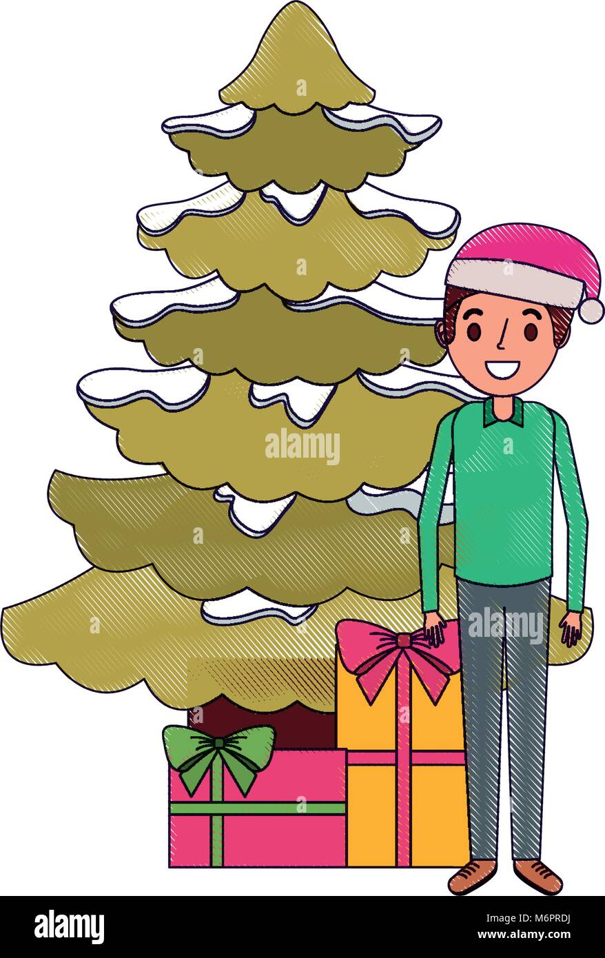 dad standing with the christmas tree and gift boxes vector illustration ...
