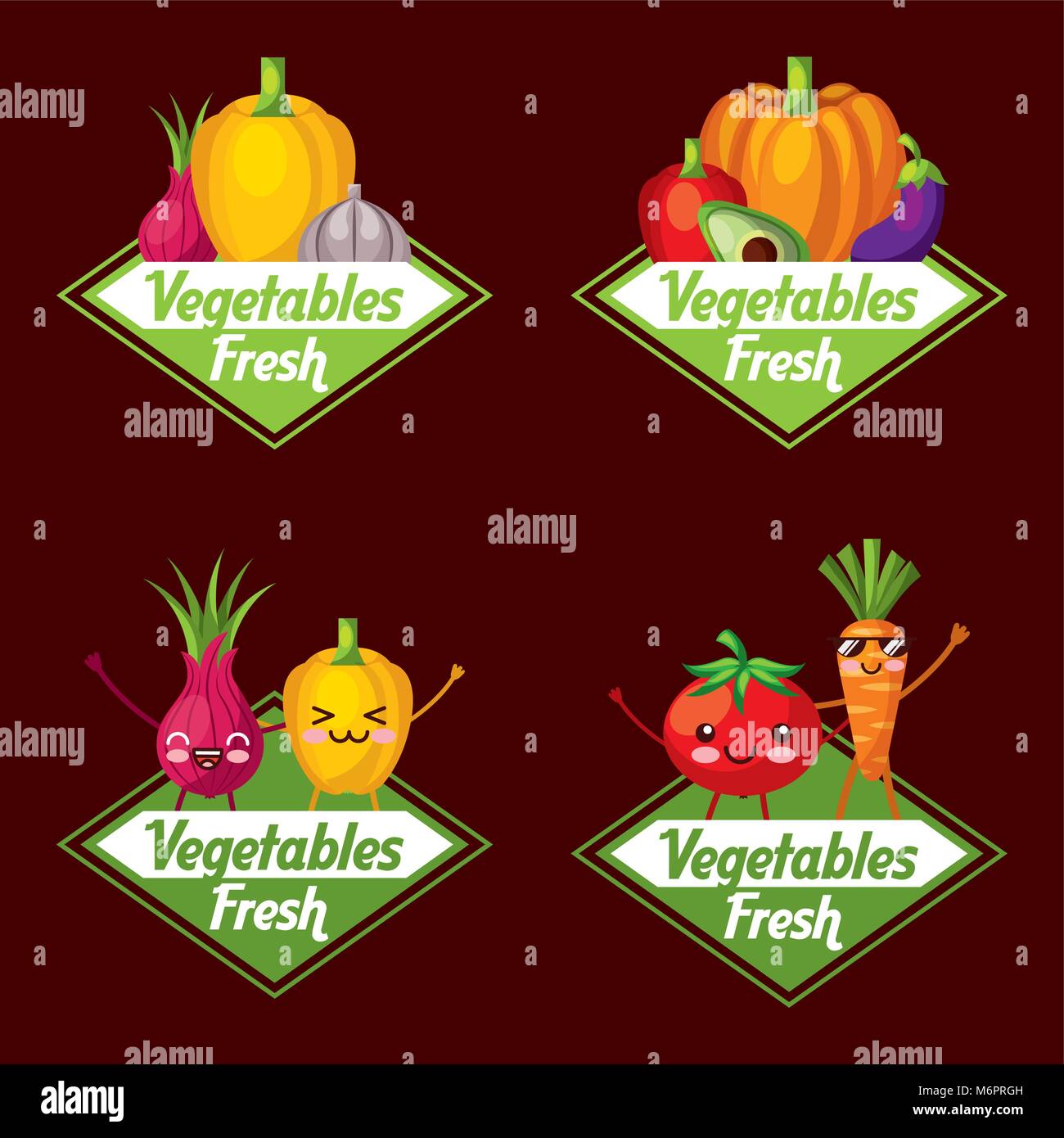 vegetables fresh labels food nutrition and kawaii cartoon vector ...