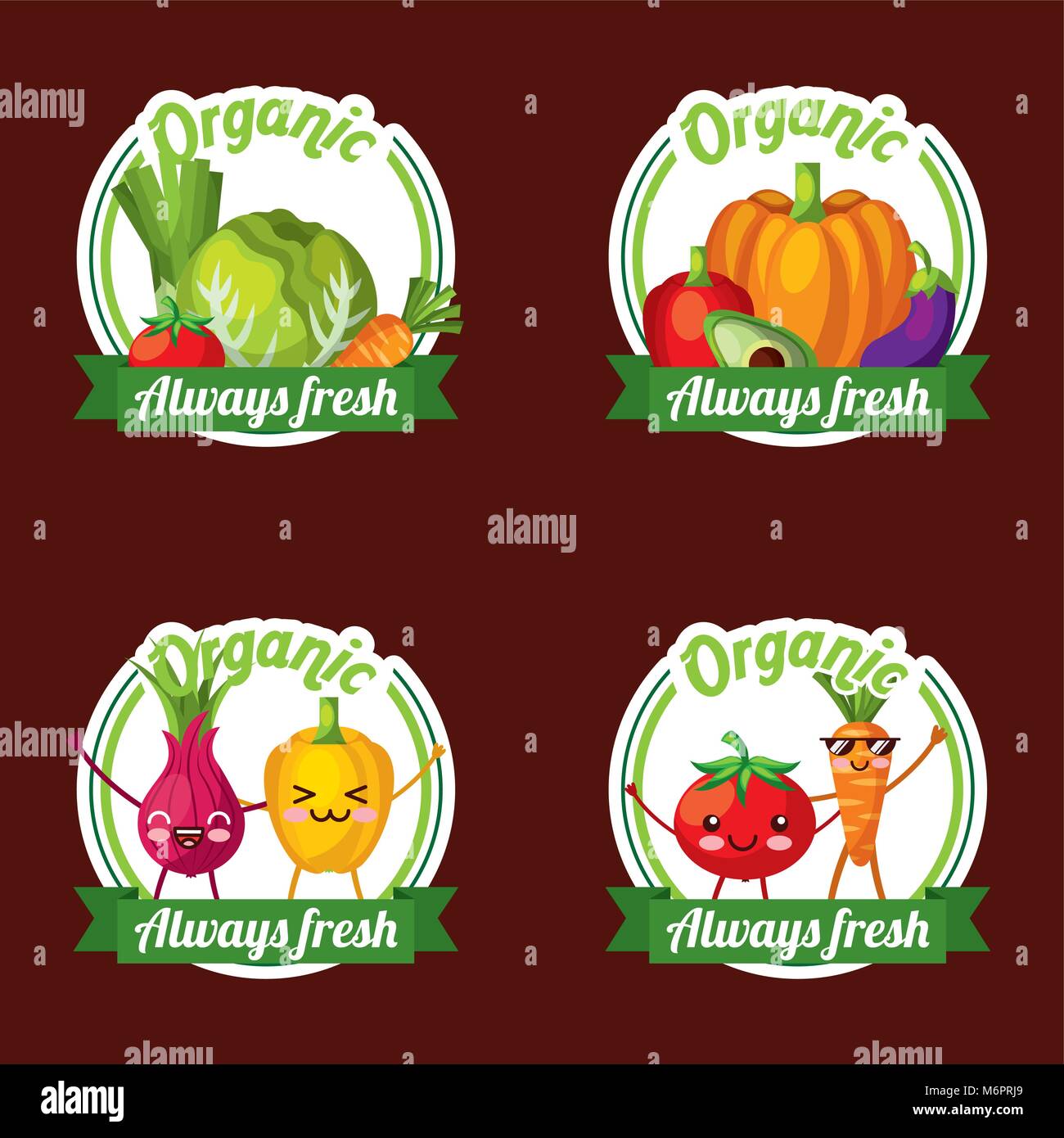 vegetables organic always fresh set badges food vector illustration ...