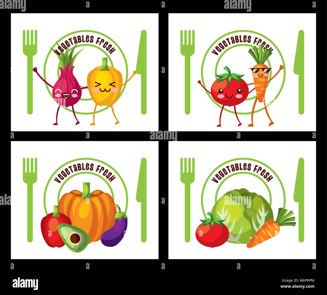 vegetables fresh collection food healthy fork knife vector illustration ...