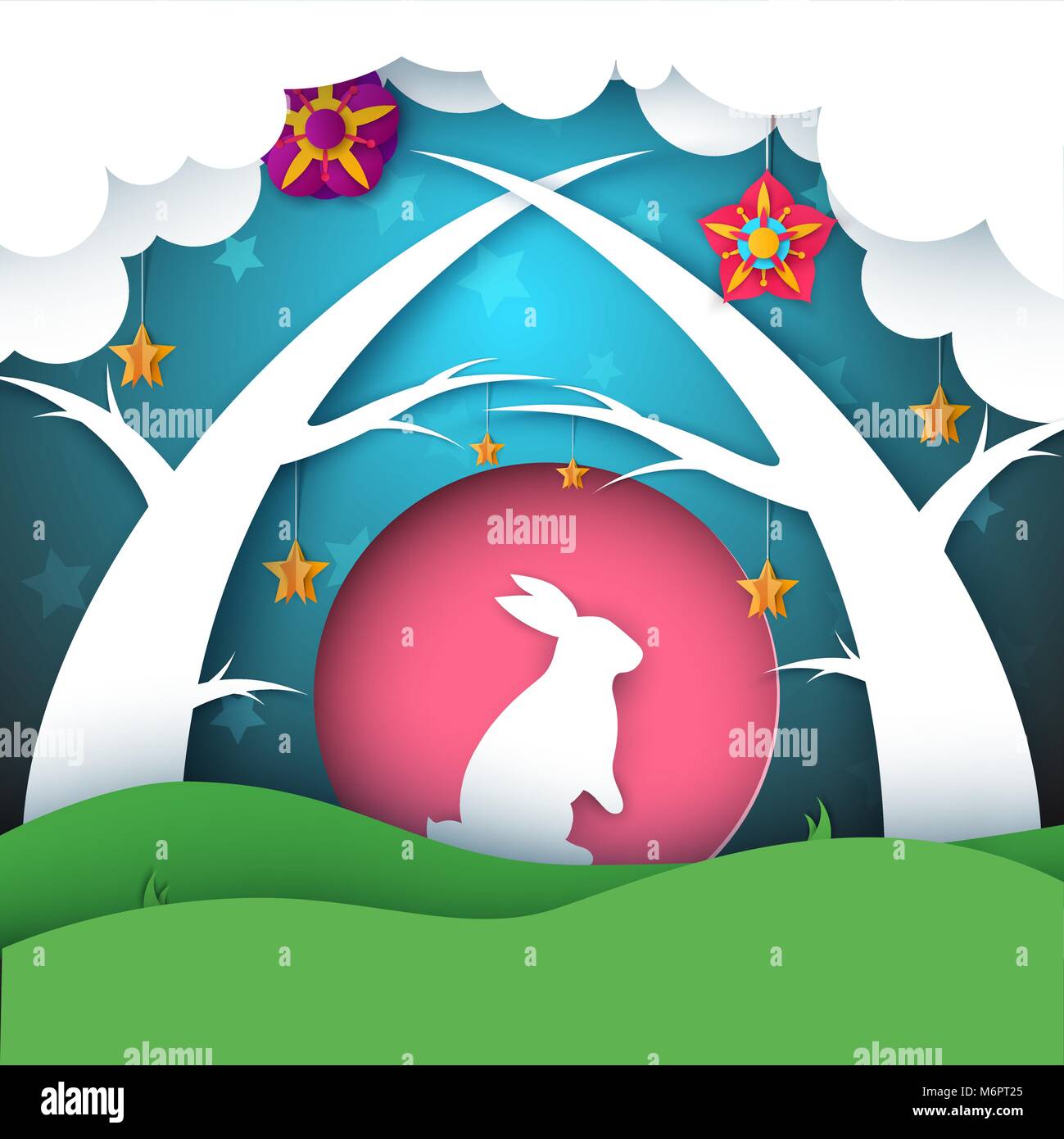 Rabbit illustration. Cartoon paper landscape Stock Vector Image & Art ...
