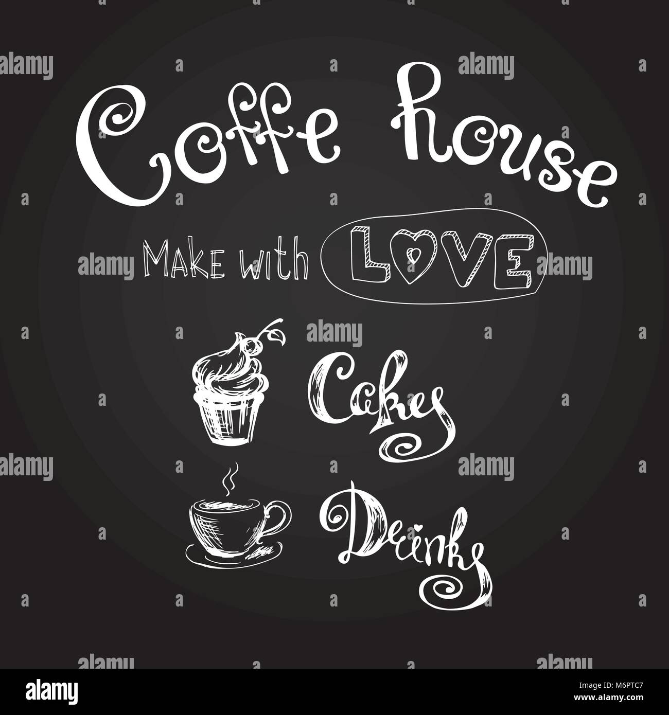 coffee house,hand drawn lettering on black background, vector ...