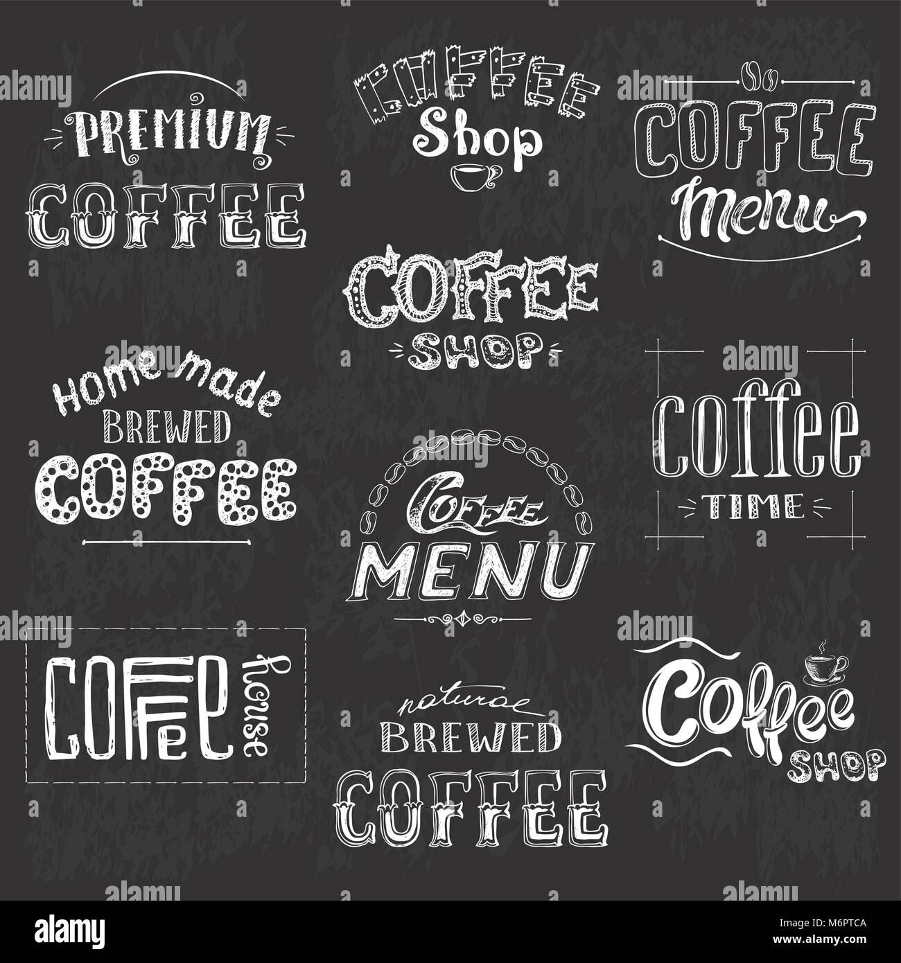 Coffee label set. Hand drawn typography collection isolated on black ...