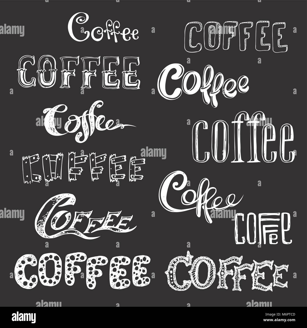 Coffee lettering in different styles on black background, stock vector ...