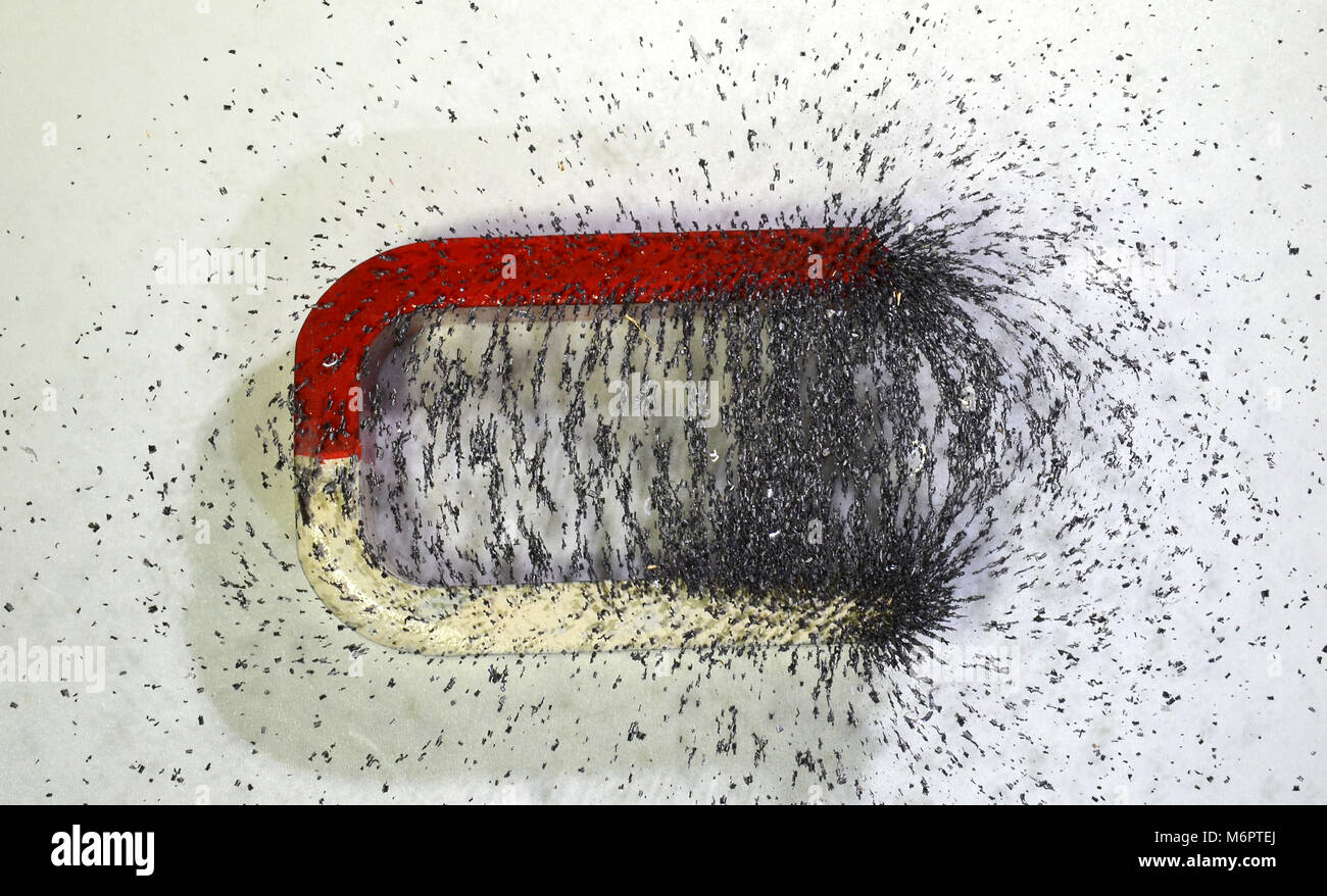 The lines of forces around a magnet shown, with iron chips spread on a ...