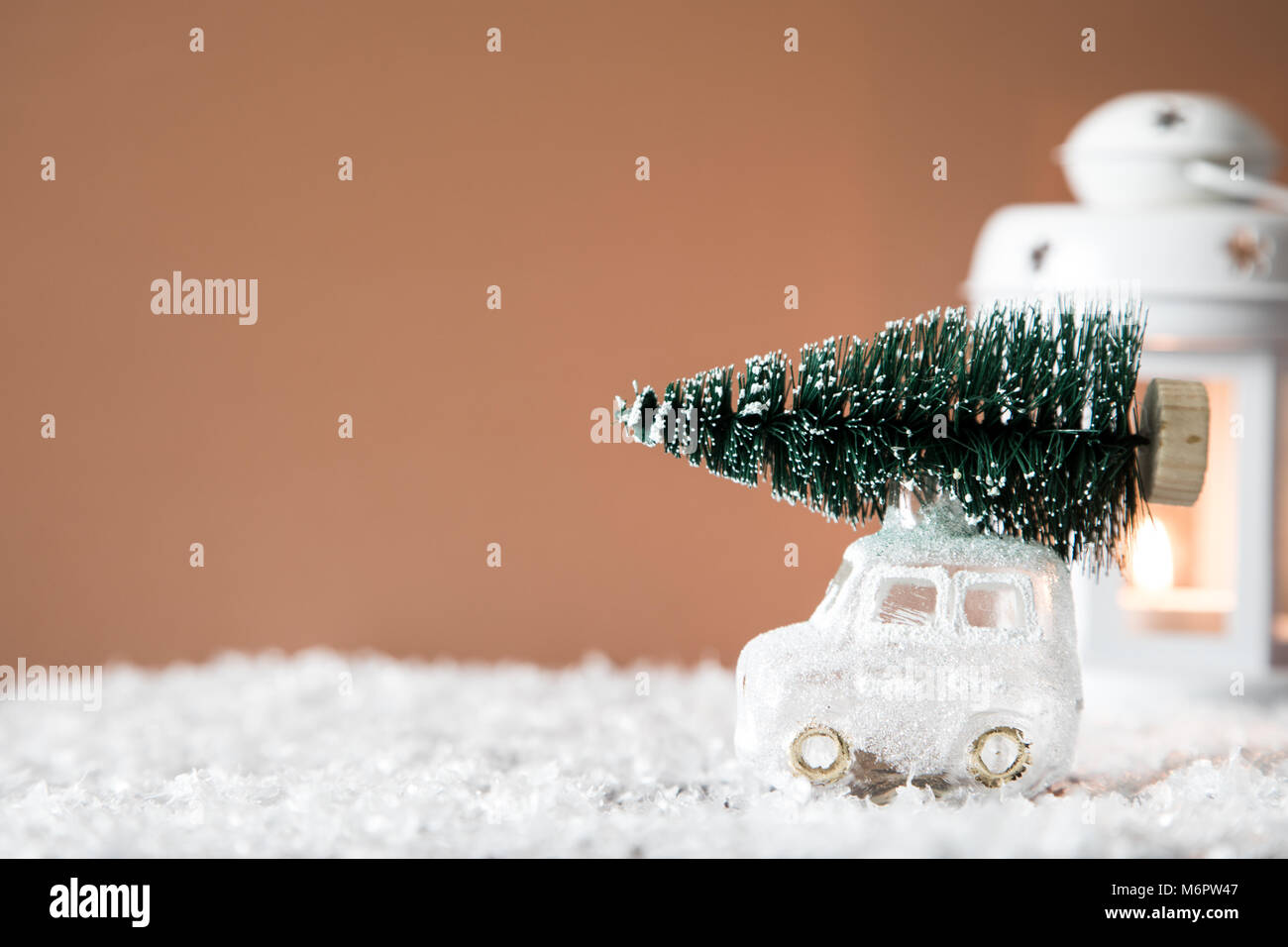 Christmas tree on toy car. Christmas background. Holidays card. Copy ...
