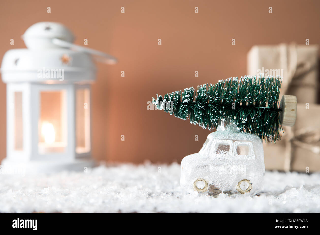 Christmas tree on toy car. Christmas background. Holidays card. Copy ...