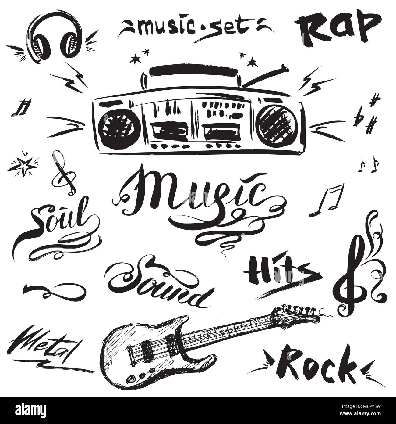 Hand drawn sketch with notes, music player,guitar and music styles ...