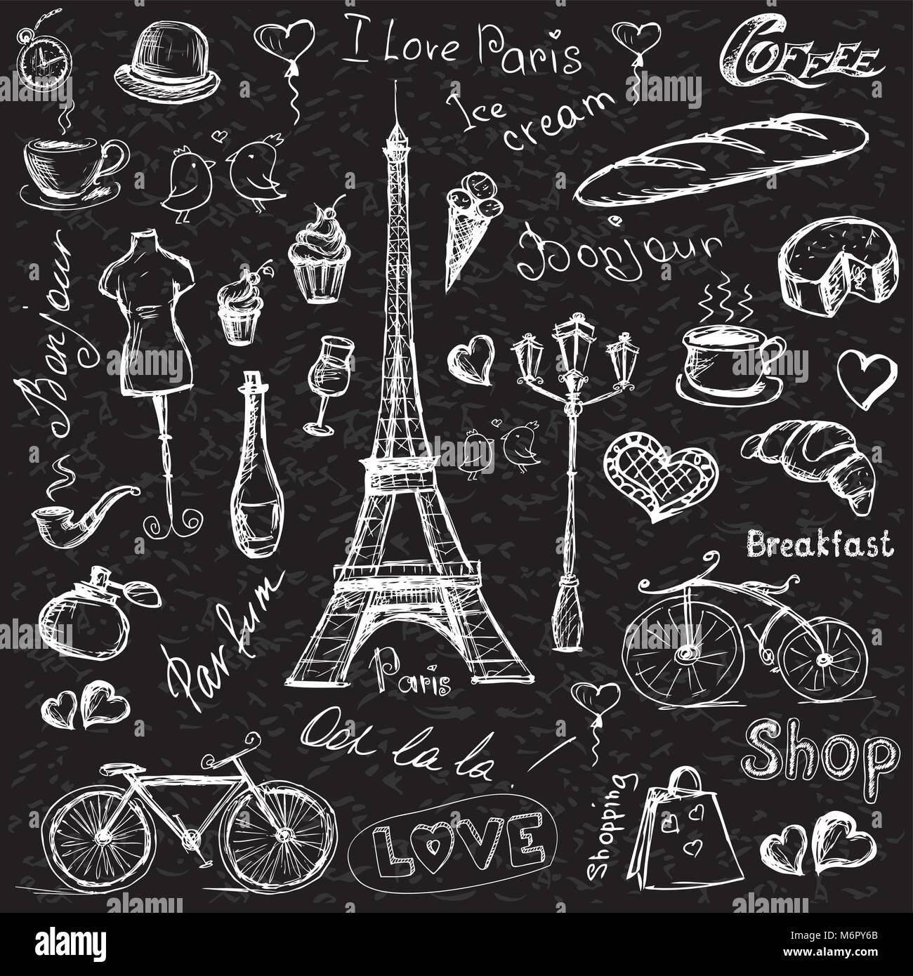 Paris symbols, hand drawn objects or icons on black background, stock ...