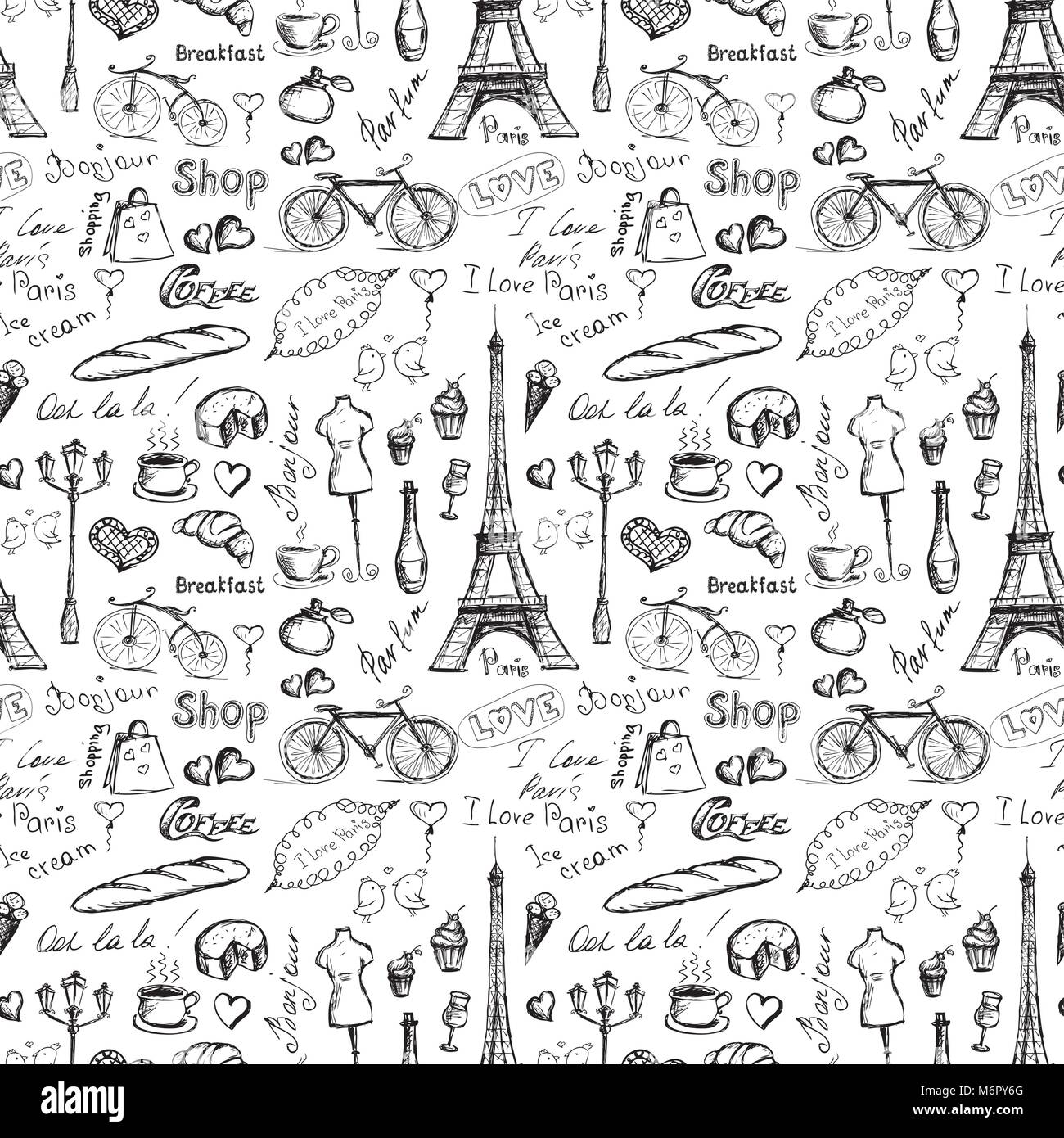 Seamless pattern Paris symbols, hand drawn objects or icons isolated on ...