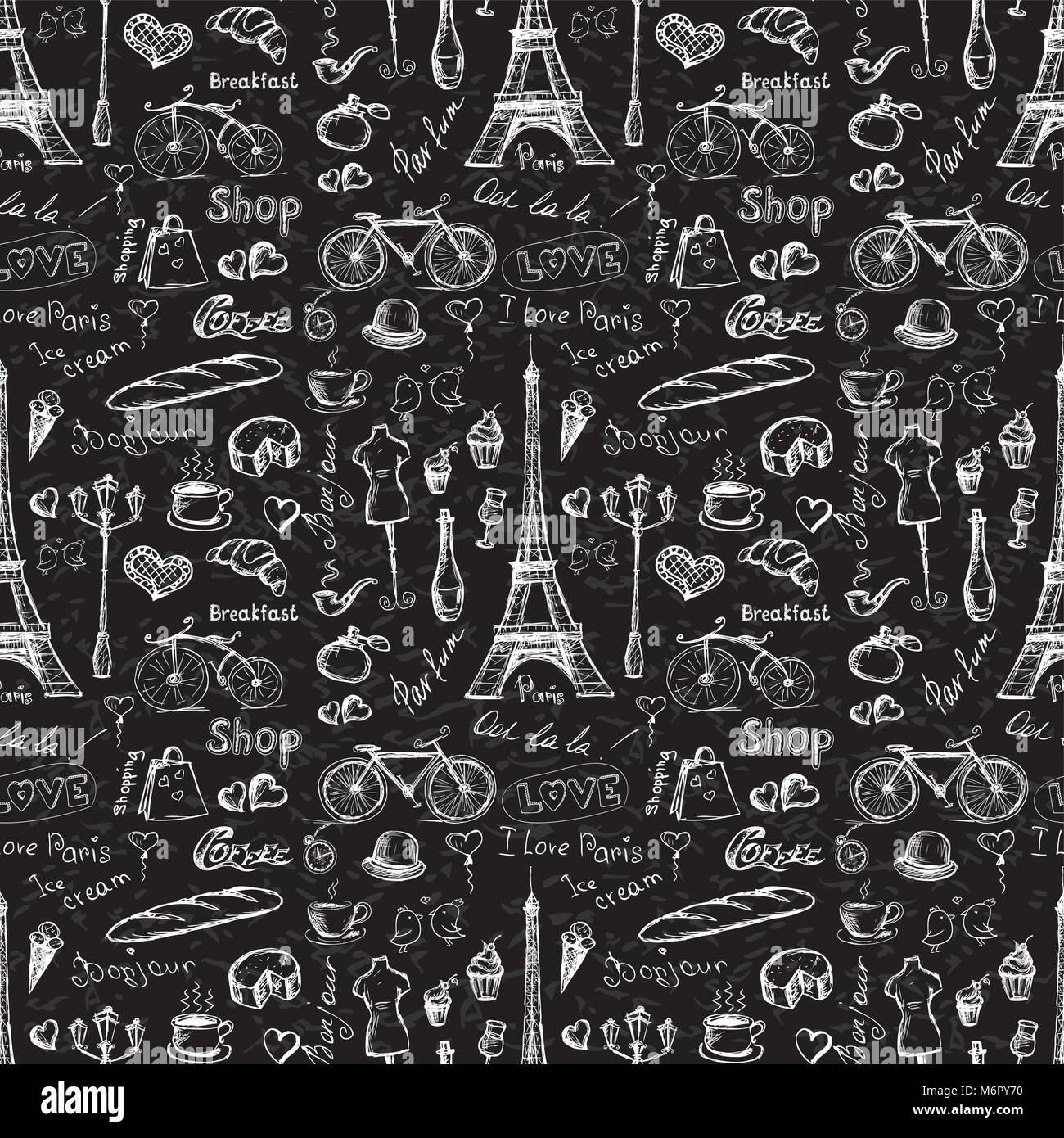 Seamless pattern Paris symbols, hand drawn objects or icons on black ...