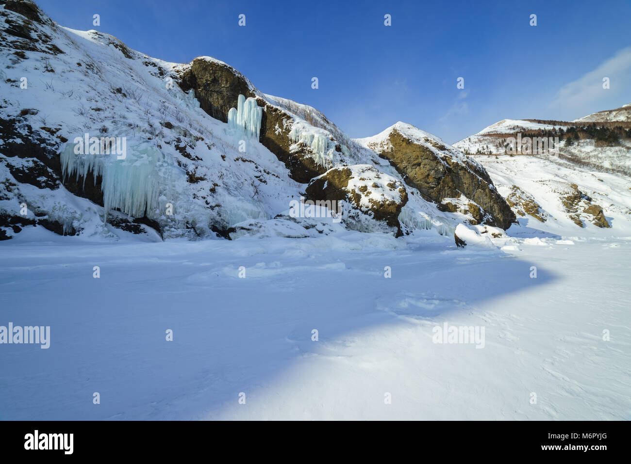 Ice covered sea coast of the Okhotsk Sea, Sakhalin Island, Russia Stock ...