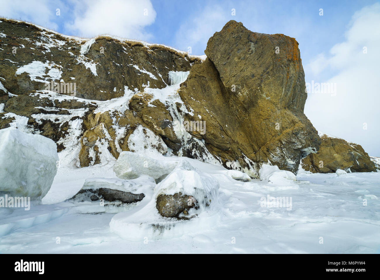Ice covered sea coast of the Okhotsk Sea, Sakhalin Island, Russia Stock ...