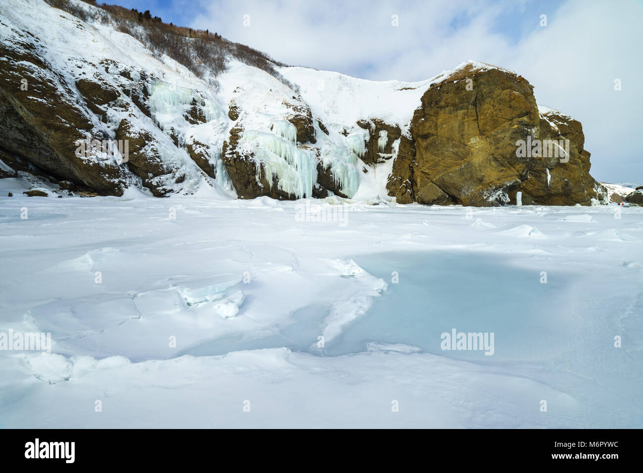 Ice covered sea coast of the Okhotsk Sea, Sakhalin Island, Russia Stock ...