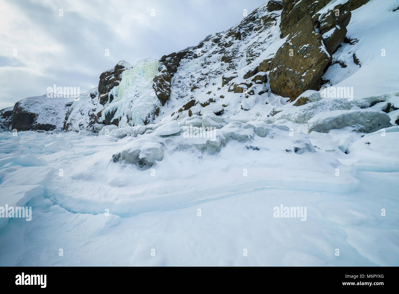 Ice covered sea coast of the Okhotsk Sea, Sakhalin Island, Russia Stock ...