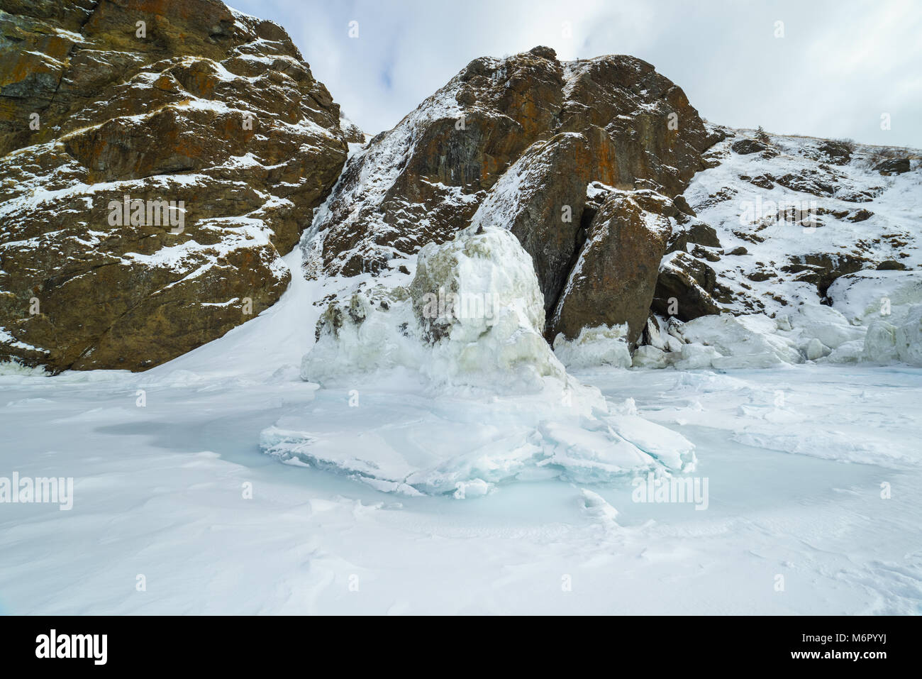 Ice covered sea coast of the Okhotsk Sea, Sakhalin Island, Russia Stock ...