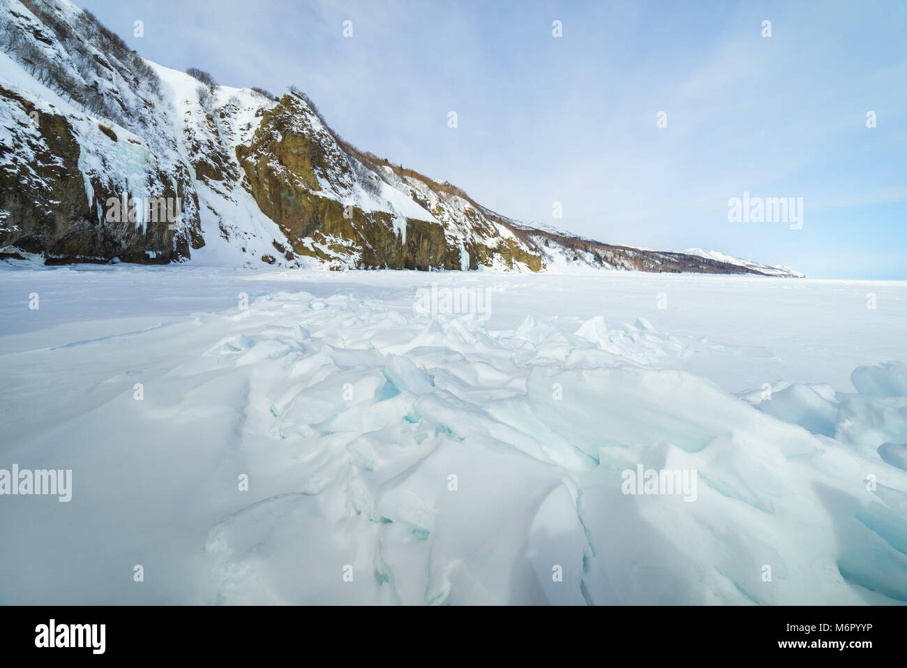 Ice covered sea coast of the Okhotsk Sea, Sakhalin Island, Russia Stock ...