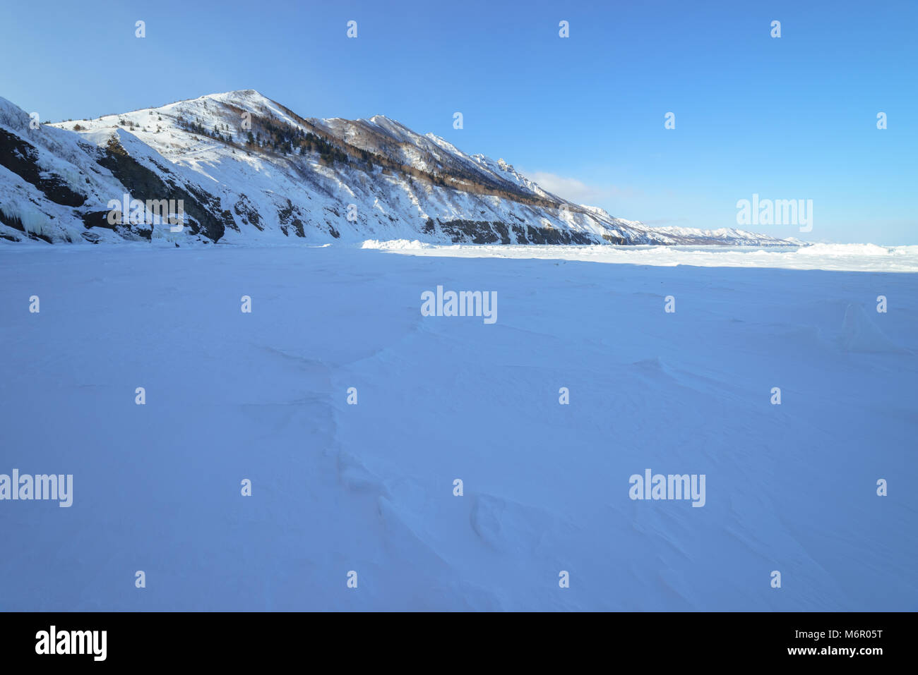 Ice covered sea coast of the Okhotsk Sea, Sakhalin Island, Russia Stock ...
