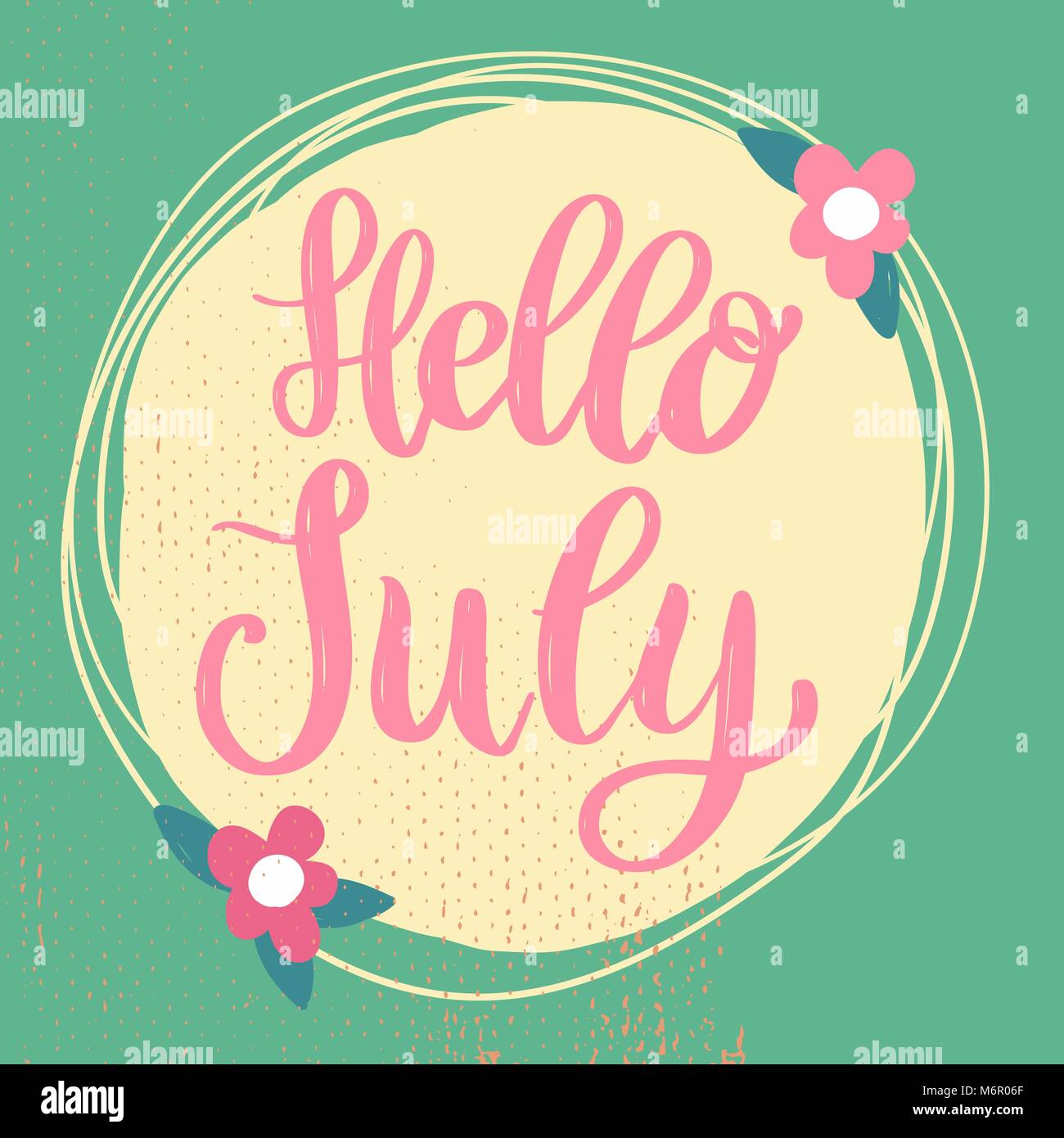Hello July. Lettering phrase on background with flowers decoration ...