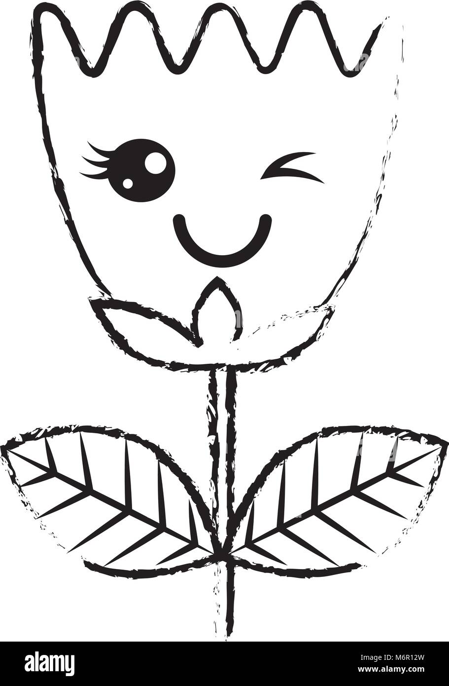 kawaii wink flower tulip leaves cartoon vector illustration sketch ...