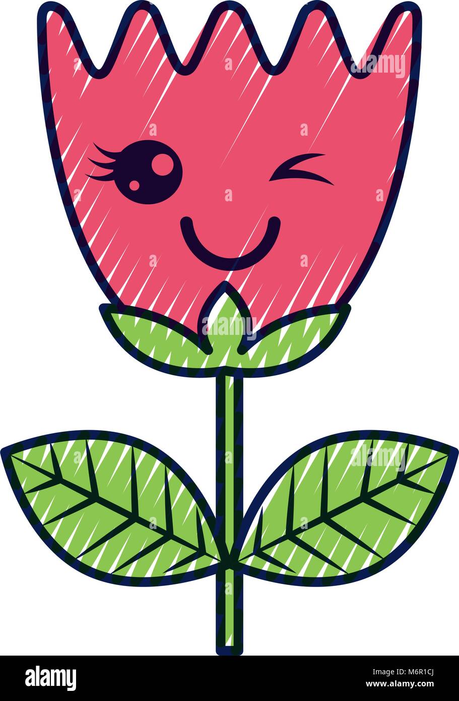 kawaii wink flower tulip leaves cartoon vector illustration Stock ...