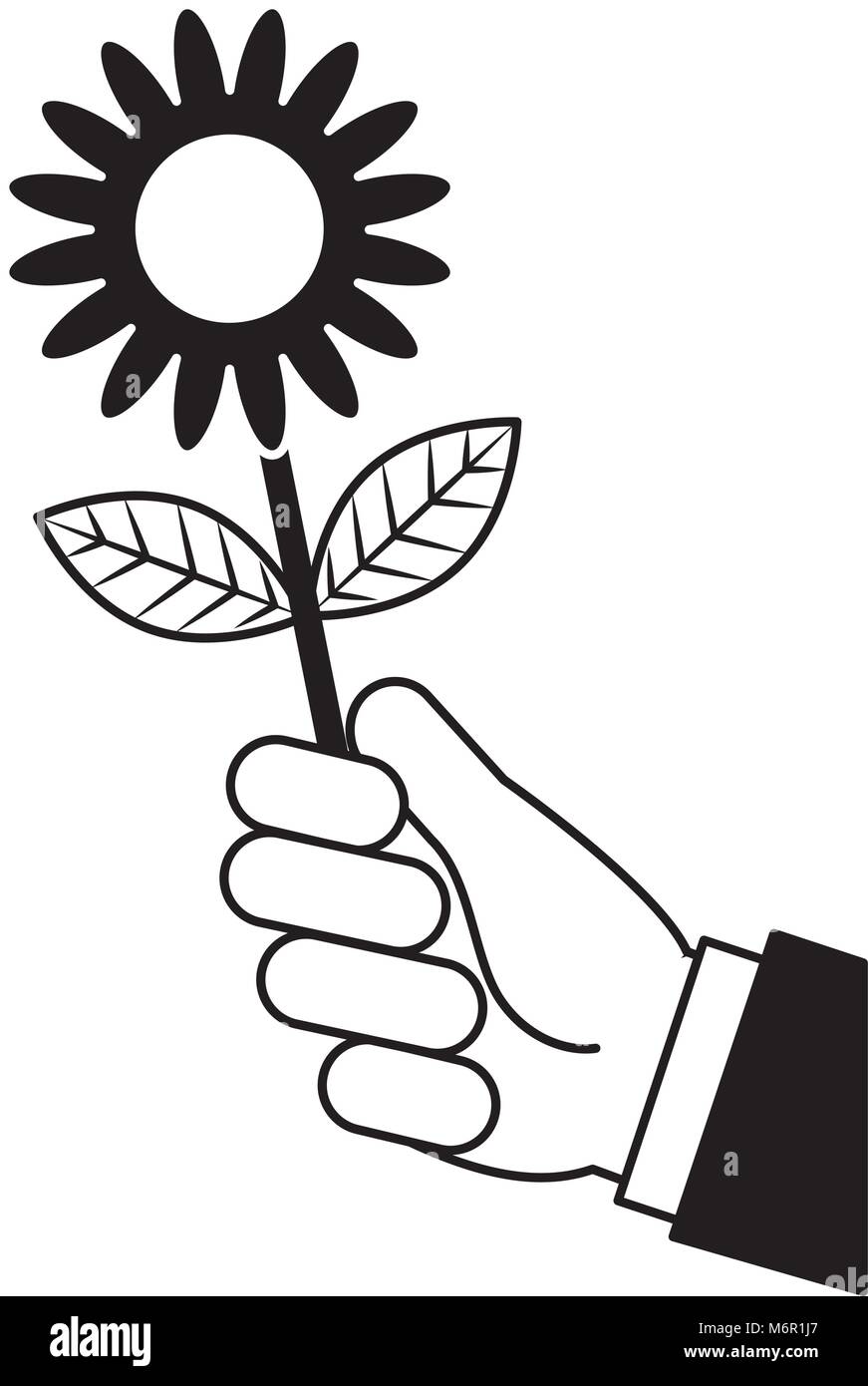 hand of man holding flower romantic gift vector illustration black and ...
