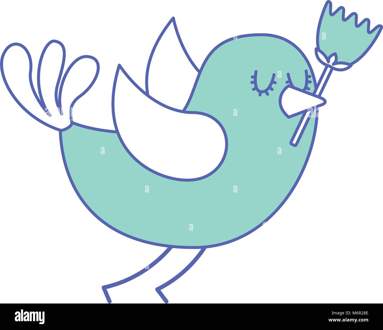 cartoon cute bird with tulip flower in beak vector illustration green ...