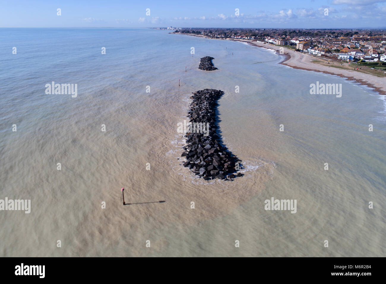 aerial view of sea defence structures at middleton on sea on the west ...