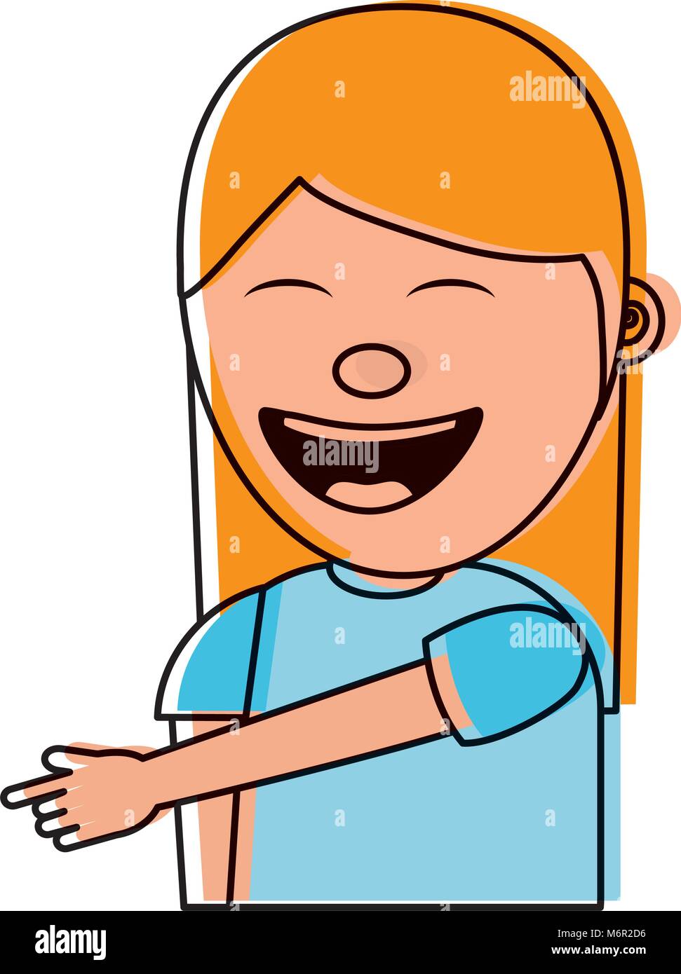 portrait laughing young woman pointing with finger something vector ...