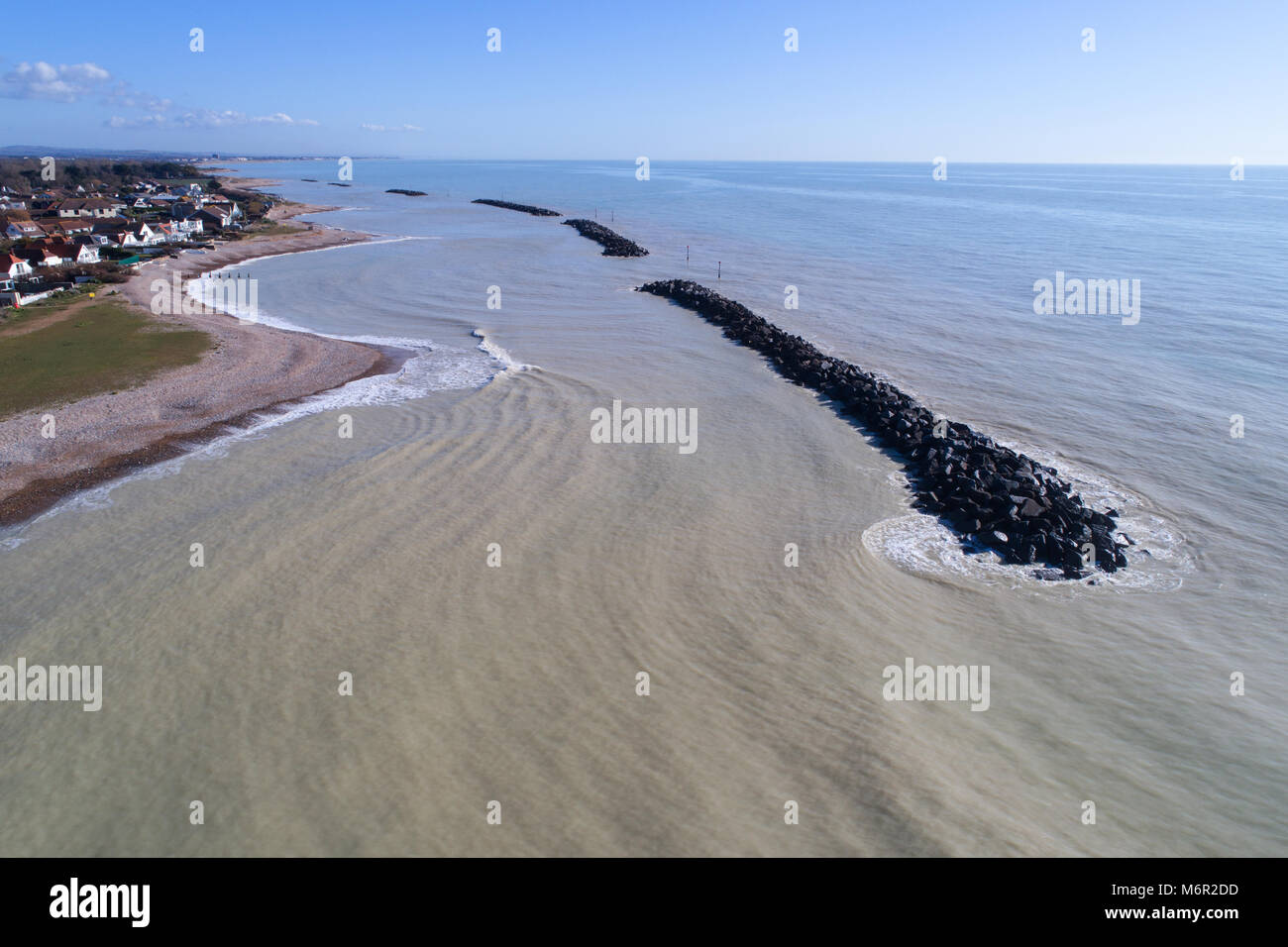 aerial view of sea defence structures at middleton on sea on the west ...