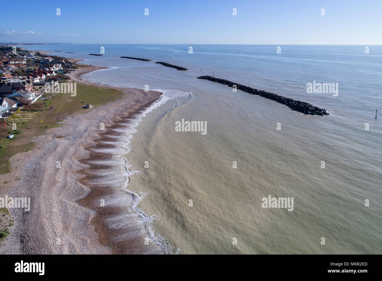 aerial view of sea defence structures at middleton on sea on the west ...