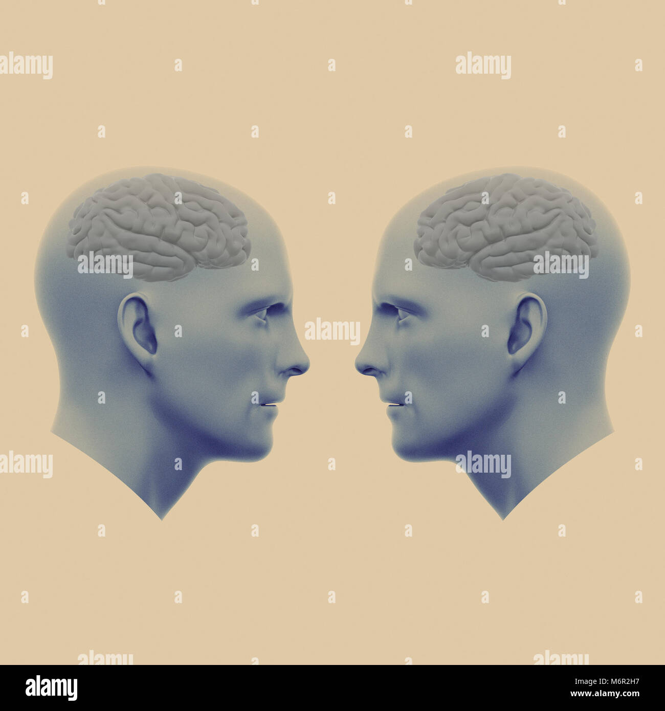 two male heads with brains facing each other. Minimalistic abstract art ...