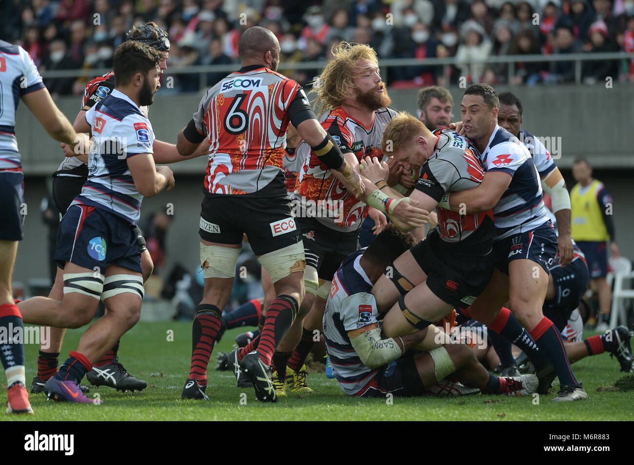 Willem Britz and Edward Quirk of Sunwolves during the Super Rugby match ...