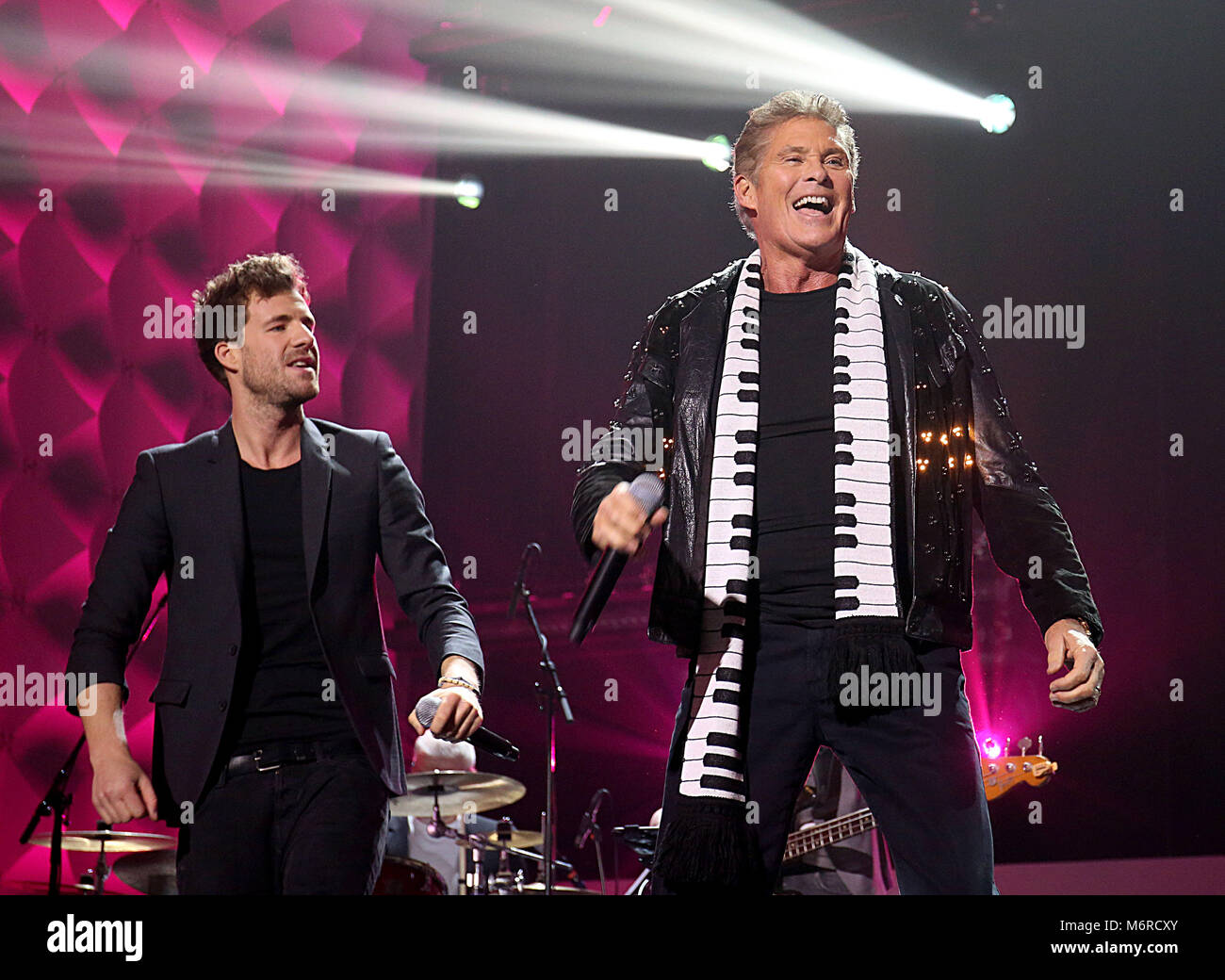 Bonn, Germany. 06 March 2018: US singer David Hasselhoff (R) singing ...