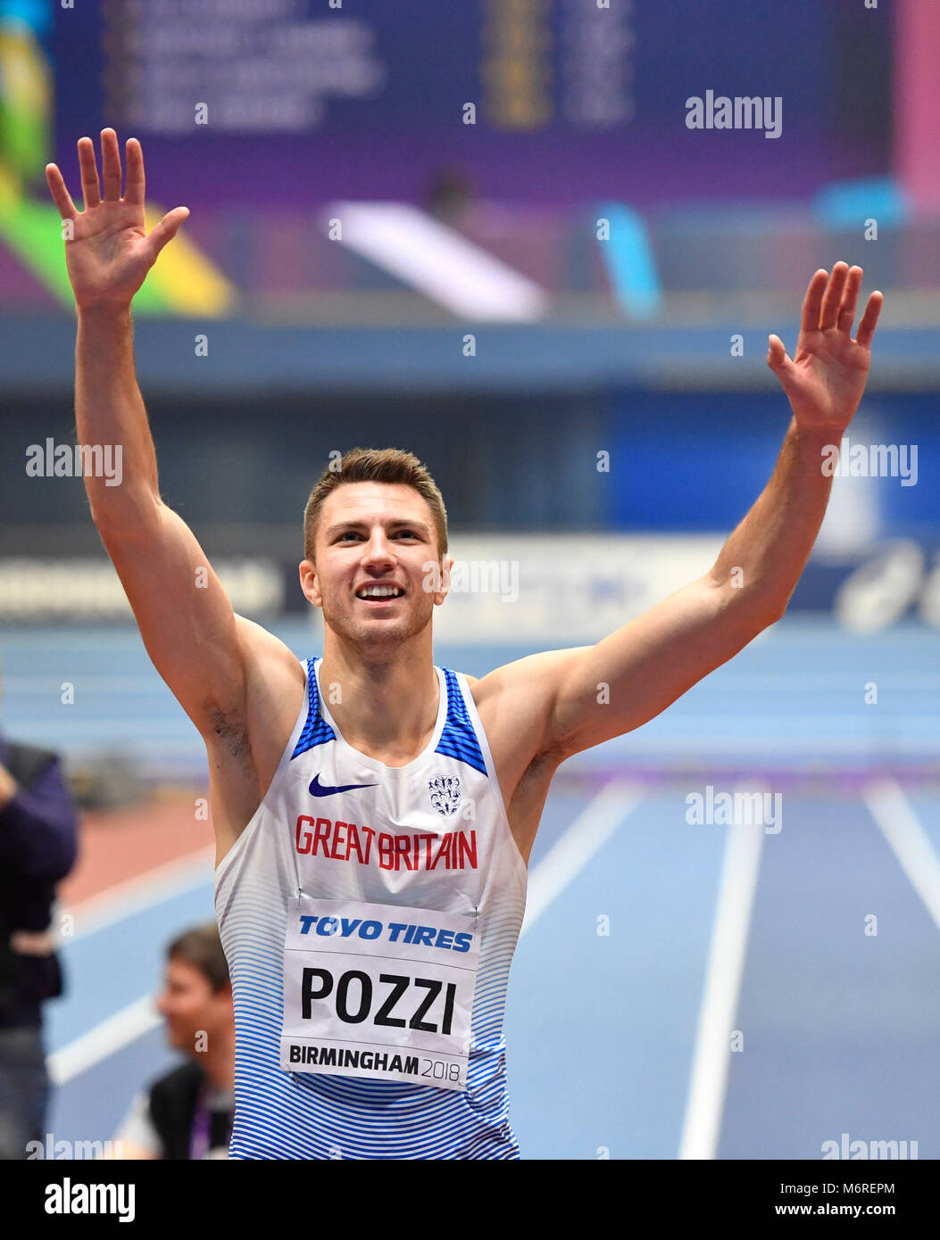 Birmingham, UK. 04th Mar, 2018. Andrew Pozzi (GBR) celebrates winning ...