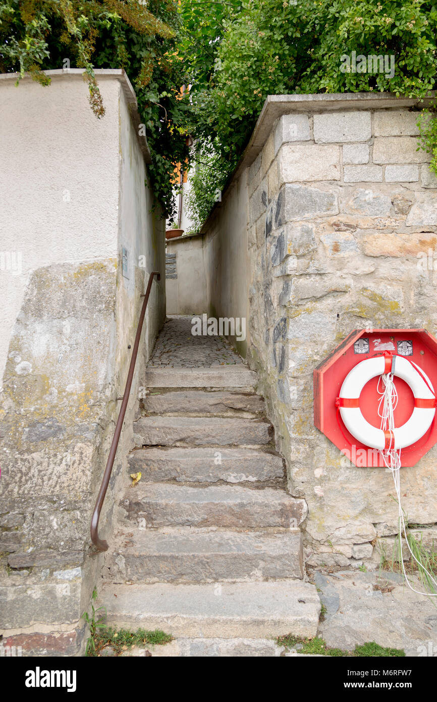 Narrow stone step passageway in the Bavarian city of Passau, Germany ...