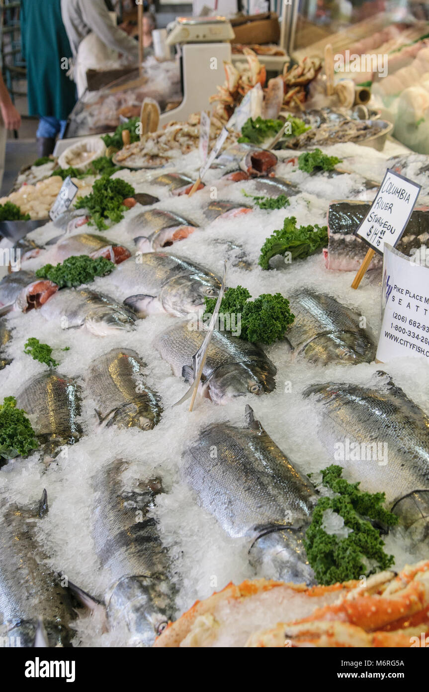 Seattle, Washington. Pike Place Market. Fish display. Columbia river ...