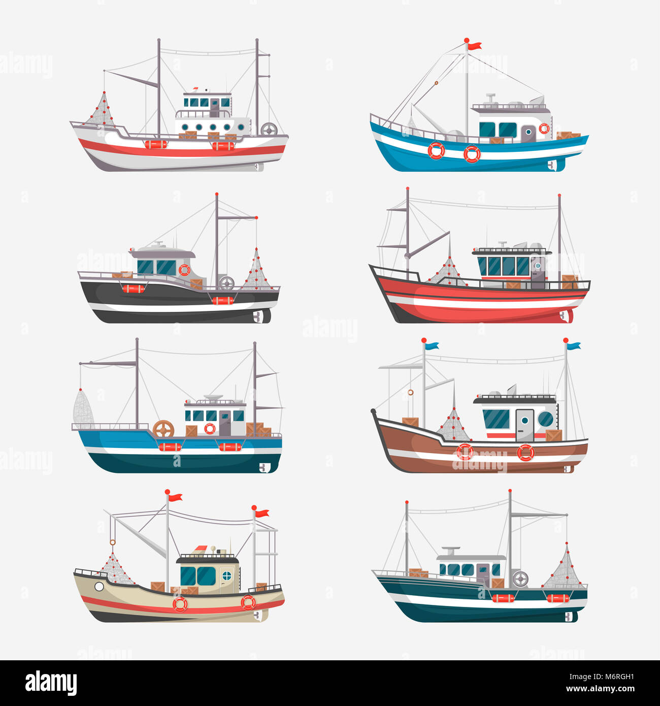 Fishing boats side view isolated set. Commercial fishing trawlers for ...